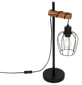 Rustikální stolní lampa černá se dřevem - Stronk