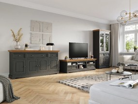 Bílý nábytek Vitrína Belluno Elegante, úzká, dekor šedá-zlatý dub, masiv, borovice - PRAVÁ