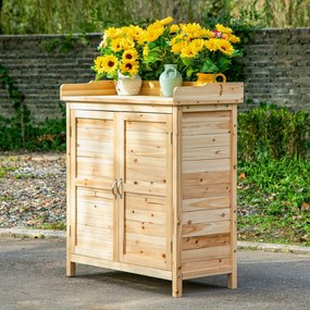 Dřevěný zahradní skříň Outsunny - Úložný shed s 2 dveřmi, policí a zdviženými nohami pro terasu a patio 83x40x92 cm - Přírodní