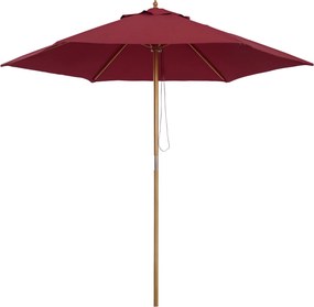 Zahradní slunečník Outsunny Ø250x230 cm s 6 bambusovými žebry, odnímatelný sloup, UV ochrana, voděodolný a dřevěný rám na pláž a terasu v burgundské č
