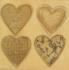 ART-STYLE Obrázek 14x14, čtyři srdce - pinocchio, rám bílý s patinou