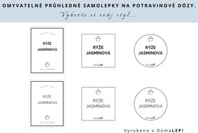RÝŽE JASMÍNOVÁ - omyvatelná samolepka na dózu, výběr rozměrů Ø 5 cm / 5 x 5 cm / 6 x 8 cm | DomaLEP tvar: KOLEČKO, barva: PRŮHLEDNÁ - ČERNÉ písmo, velikost: Ø 5 cm - tučné písmo