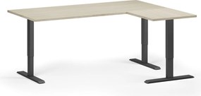 Rohový výškově nastavitelný stůl, 180x140 cm, 3 motory, L/P, černá podnož, dub přírodní