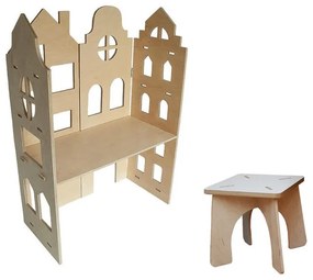 Myminihome Dětský stůl ve tvaru domku 2v1 + stolička bez opěrátka Zvolte barvu stran: Bílá, Zvolte barvu polic: Nelakovaná