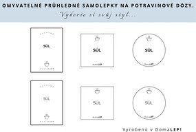 SŮL - omyvatelná samolepka na dózu, výběr rozměrů Ø 5 cm / 5 x 5 cm / 6 x 8 cm | DomaLEP tvar: OBDÉLNÍK, barva: PRŮHLEDNÁ - ČERNÉ písmo, velikost: š. 6 cm x v. 8 cm - tučné písmo