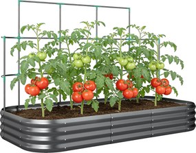 Outsunny vyvýšený záhon s treláží, pozinkovaný kovový truhlík s ochranným okrajem a rukavicemi pro bylinky, zeleninu a květiny — 220 x 110 x 150 cm, t