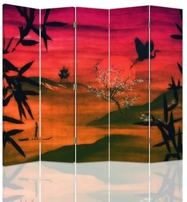 Ozdobný paraván Japonská krajina Červená - 180x170 cm, pětidílný, klasický paraván