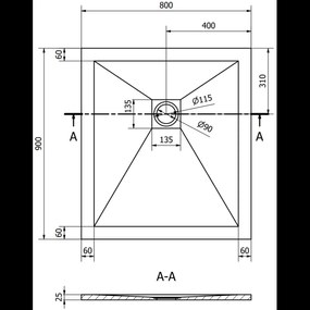 Mexen Stone+ kompozitní čtvercová sprchová vana 90 x 80 cm, Šedá-Beton - 44618090