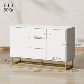 HOMCOM Moderní Komoda se 3 Zásuvkami, 2 Dveřmi a Regulovatelnou Policí pro Obývací Pokoj a Kuchyň, 120x40x76 cm, Bílá