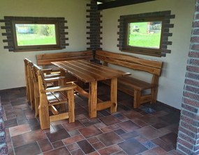 KULHÁNEK Zahradní dubová sestava - stůl, 2x křeslo, 1x rohová lavice (rustikální provedení) Odstín nátěru: individuální