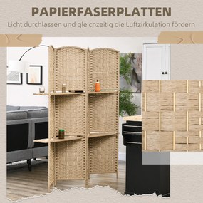 HOMCOM 4-panelový rozdělující paraván 160x170 cm se 2 policemi, soukromý paraván skládací příčka do kanceláře a ložnice přírodní