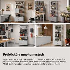Regál se zásuvkami do kanceláře, na šanony a dokumenty, otevřené police, kovový, šedý, 800x2200x400 mm: ARIEL