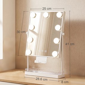 HOMCOM Hollywood make-up zrcátko s osvětlením, 9 LED lamp, 3 barvy, dotykový spínač, držák na mobil, bílé