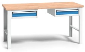 Pracovní stůl do dílny WL se 2 závěsnými boxy na nářadí, buková spárovka, 2 zásuvky, pevné kovové nohy, 2000 mm