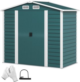 Skladový zahradní domek Outsunny 2,36 m² 213x120x194 cm s posíleným základem (podlaha NENÍ součástí) Dvojité posuvné dveře s zámkem a okny Tmavě zelen