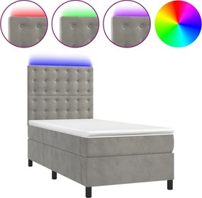 Box spring postel s matrací a LED světle šedá 90x200 cm samet 3136341