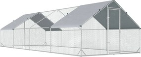 PawHut Velký venkovní kurník 24 m² pro 16-24 slepic 3x8x2 m Galvanizovaný ocelový kurník s PE krytem a zámkem - Stříbrný