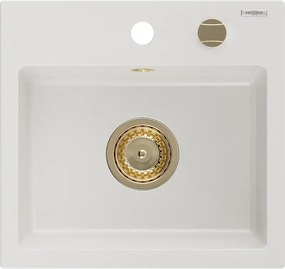 Mexen Milo granitový dřez 1-komorový 435 x 410 mm, bílý, sifon zlatý - 6505441000-20-G