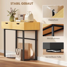 HOMCOM Úzký konzolový stolek se 2 zásuvkami, průmyslový kovový rám, přírodní – 110 × 35 × 76,5 cm