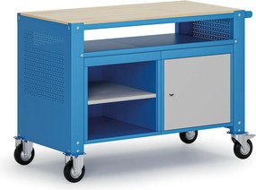 Pojízdný dílenský stůl G9, 2 police, 1 skříňka, 1180 x 595 x 865-1130 mm, šedá/modrá