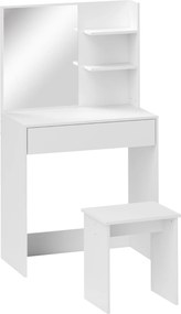 HOMCOM Toaletní stolek se 3 policemi, zásuvkami, zrcadlem a odpovídajícím taburetem, 75x40x137 cm, bílý