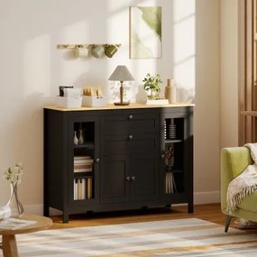 HOMCOM komoda úložný nábytek 1 dvoudveřová skříň, 2 skříně se skleněnými dveřmi, 2 zásuvky, nastavitelná police, 120x40x90 cm, černá