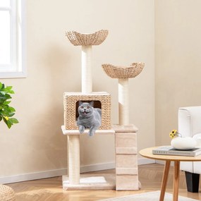 Costway Cattail cat tree se sisalovými sloupky a sedadlem a domečkem pro kočky