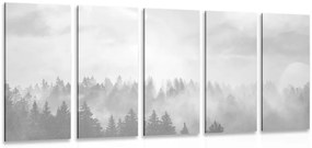 5-dílný obraz mlha nad lesem v černobílém provedení - 100x50 cm