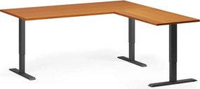 Rohový výškově nastavitelný stůl, 180x180 cm, 3 motory, L/P, černá podnož, třešeň