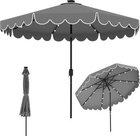Costway 300 cm slunečník s LED osvětlením a klikou a záclonkou market, šedá