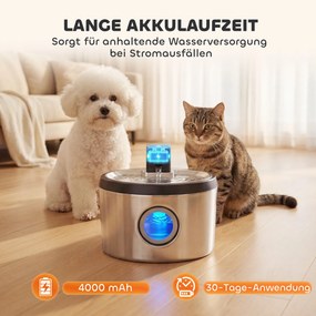 Fontána pro kočky 4 l bezdrátová fontána z nerezové oceli s detektorem pohybu 6 filtrů dvojitý filtrační systém LED stříbrná