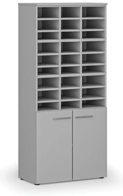 Třídicí regál s dveřmi PRIMO GRAY, 800 x 420 x 1781 mm, 27 přihrádek, šedý