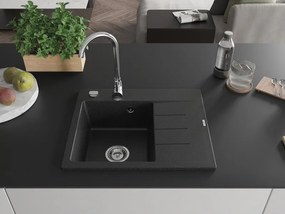 Mexen Ben, 1-komorový granitový dřez 600x500x190 mm, levý+ chromový sifon, černá-stříbrná metalíza, 6522605000-73