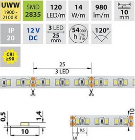 LED pásek McLED 12V ultra teplá bílá CRI90 š=10mm IP20 14W/m 120LED/m SMD2835 ML-121.820.60.0