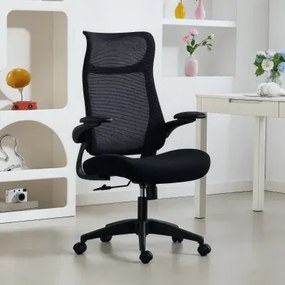 HOMCOM Ergonomická kancelářská židle se 3D opěrkami rukou, síťovaným opěradlem, S-formovaným opěradlem, opěrkou hlavy, funkcí naklápění, černá