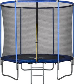 HOMCOM Dětský a Dospělácký Trampolína do Zahrady s Elastickou Podložkou a Ochrannou Sítí, Žebřík a Polstrované Okraje, Ø244x240cm, Modrá a Černá | Aos