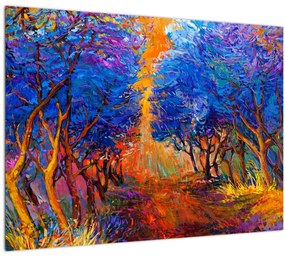 Skleněný obraz - Podzimní koruny stromů, moderní impresionismus (70x50 cm)