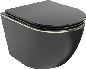 Mexen Lena WC mísa Rimless s pomalu klesající deskou slim, duroplast, černá matná/zlatá linka - 30224075