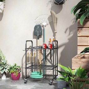 Organizér na zahradní nářadí Outsunny s 9 háčky, držák na 40 nástrojů, kovový regál na kolečkách do garáže pro nůžky, lopaty, hrábě, černý | Aosom