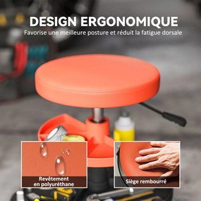 HOMCOM Pojezdný pracovní stolička, mechanická stolička s nastavitelnou výškou 40-51 cm, 2 odkládací plochy na nástroje, otáčecí sedadlo s max. zatíže…