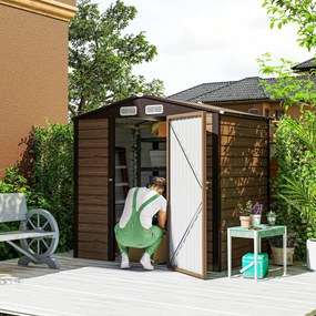 Zahradní kůlna Outsunny 190x131x188 cm - Venku umístěný úložný domek s 2 větracími okny a dveřmi pro terasu, balkon a patio - Dub