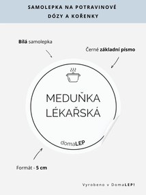 MEDUŇKA LÉKAŘSKÁ – bílá samolepka na dózu, základní písmo, 5 cm | DomaLEP
