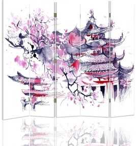 Ozdobný paraván Japonská růžová krajina - 180x170 cm, pětidílný, klasický paraván