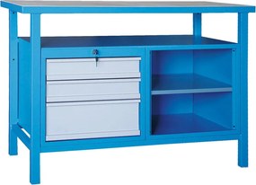 Dílenský pracovní stůl GD, smrk + oboustranně dýhovaná smrková překližka, 3 zásuvky, 1 police, 1190 x 600 x 850 mm, šedá