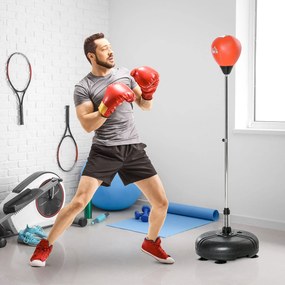 HOMCOM Nastavitelný volně stojící boxovací míč s plnitelným podstavcem a rukavicemi pro dospělé a teenagery Ø45x132-158 cm Černá a Červená