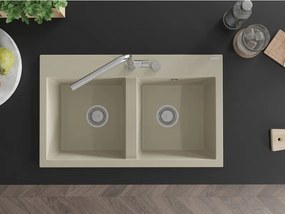 Mexen Hektor, 2-komorový granitový dřez 800x480x205 mm, béžová, chromový sifon, 6521802000-69