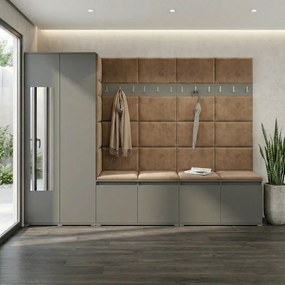Předsíňová stěna Trinity 9 s čalouněnými panely, 290 cm, grafit/ béžová