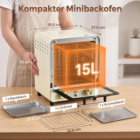 HOMCOM Mini trouba 15 l objem, výškově nastavitelný plech a rošt, 1000 W, krémově bílá