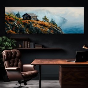 Obraz na plátně - Skalní chatka na mlžném pobřeží FeelHappy.cz Velikost obrazu: 90 x 30 cm