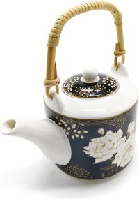 Porcelánová čajová souprava Art Deco, konvice 0,6 l – s bambusovým držadlem, se 2 šálky, art deco design, s nerezovým sítkem